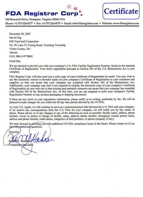 FDA Registrar Corp. Certificate | 九股山食品股份有限公司